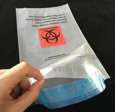 China printing self adhesive biohazard waste bag, autoclave biohazard specimen transport bag, Medical Biohazard Plastic Poly B for sale