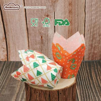 China Disposable Tulip Baking Cups Greaseproof Paper 220°C Food Grade Flexo Printing for sale