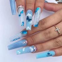 China Long Blue Ice Penetrating Butterfly Shining Diamond Artificial Fingernails Style OEM for sale