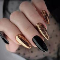 China Solid Color Full Cover Almond Round Head Nail Tip Flash Black Gold Ins Style Artificial Fingernails for sale