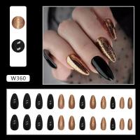 China Solid Color Full Cover Almond Round Head Nail Tip Flash Black Gold Ins Style Artificial Fingernails for sale