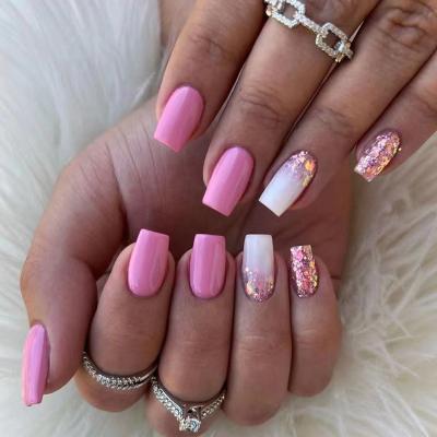 China Medium Length Gradient Color Finger Press on Nails Pink and Shiny Fragments for OEM for sale