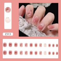 China 24pcs/Set New style OEM Wholesale 3D camellia rouge pink shiny Style Nail Tip Flash Ins Style Artificial Fingernails for sale