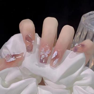 China 24pcs/Set New style OEM Wholesale Crystal Butterfly halo dyed Flash Style Nail Tip Flash Ins Style Artificial Fingernails for sale