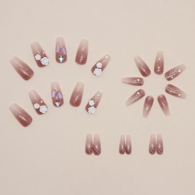 China 24pcs/Set New style OEM Wholesale 3D Milk White Camellia Aurora Diamond Style Nail Tip Flash Ins Style Artificial Fingernails for sale