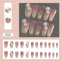 China 24pcs/Set New style OEM Wholesale 3D Milk White Camellia Aurora Diamond Style Nail Tip Flash Ins Style Artificial Fingernails for sale