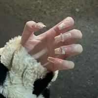 China Hot sale Golden Flash Diamond Butterfly Long T False Nails Cross-border Color Sequins Gradient Wear Nail Paste FalseNail for sale