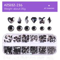 China Nail Art Glass Stone strass 12 Grid/box Multi Shapes Mixed Sizes Flat Back Round nail charms in bulk Rhinestones for sale