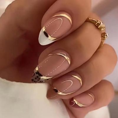 China Hot selling designer press on nails cheap oval gold line Nail Tips Removable Manicure Press On fake Nail Tips for sale
