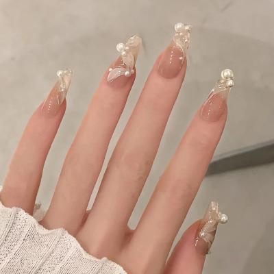 China French Style 3D Natural Coffin Custom Press On Nails with Pearl Rhinestones 12 Sizes for sale