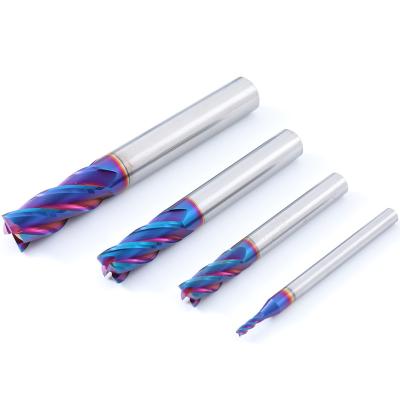 China Nano Blue Coating 4 Flutes HRC65 Carbide End Mill For Hard Steel  CNC Milling Cutter for sale