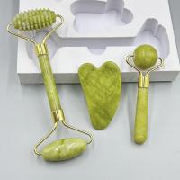 China Face Healthcare Massage Roller Natural Jade Gua Sha Set Double Head Xiuyan Stone for sale