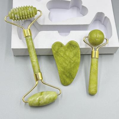 China Face Healthcare Massage Roller Natural Jade Gua Sha Set Double Head Xiuyan Stone for sale
