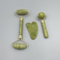 China Green Gua Sha for Face and Neck Wrinkles Double Head Natural Jade Roller Set For Home for sale
