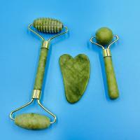 China Green Gua Sha for Face and Neck Wrinkles Double Head Natural Jade Roller Set For Home for sale