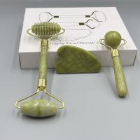 China Green Gua Sha for Face and Neck Wrinkles Double Head Natural Jade Roller Set For Home for sale