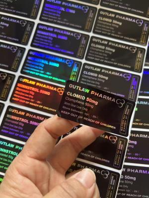 China Clomid 50mg Customized Plastic Bottle Labels , Vial Labels With Black Background Laser Words Printing for sale