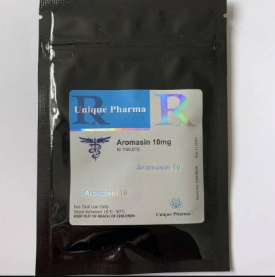 China Unique Pharma Aromasin 10mg Labels With Black Aluminum Foil Zipper Bags for sale