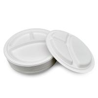China 100C Bio Sustainable 3 Compartment Compostable Sugarcane Plates Bagasse Pulp 9 Inch for sale