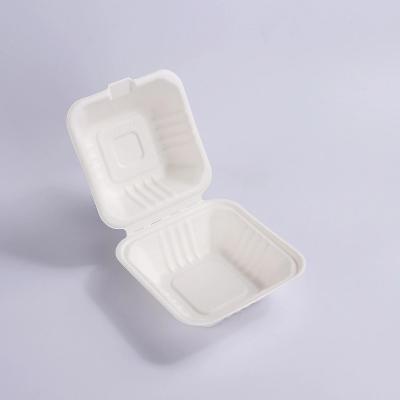 China Eco Friendly Biodegradable Sugarcane Pulp Hamburger Box Clamshell Container 6 Inch 155x152x78mm for sale