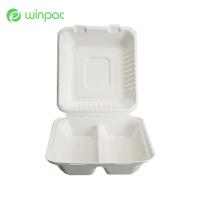 China 2 Compartments Sugarcane Clamshell Box Disposable Sugar Cane Take Out Containers for sale