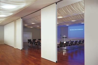 China Acoustic Room Divider Wooden Partition Wall 65mm 85mm 100mm Top Hung Operable Panel for sale