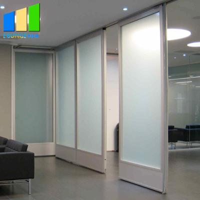 China Wood Sliding Partition Wall 65mm 100mm Melamine Finish with Glass Top Hung System for sale