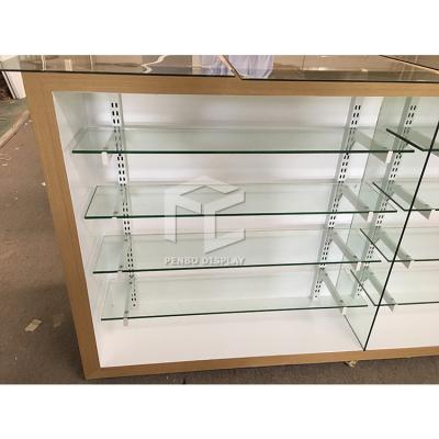 China 10mm Thick Glass Cell Phone Display Cabinet T4 LED Light Glass Display Shelves for sale