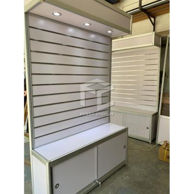 China Freestanding Slatwall Display Stand 20mm MDF Slatwall Wood Shelves for sale