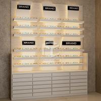 China EPE Cotton Packaging Wood Wall Display Cases 20mm MDF Optical Store Furniture for sale