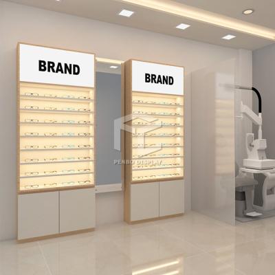 China EPE Cotton Packaging Wood Wall Display Cases 20mm MDF Optical Store Furniture for sale