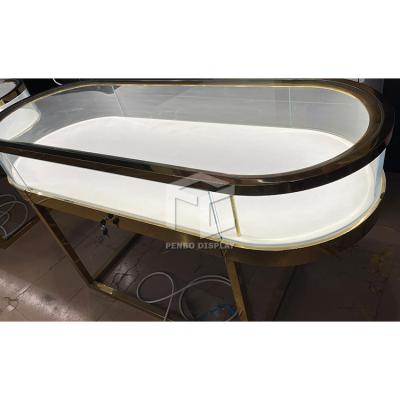 China Tempered Glass Jewellery Shop Counter Display Cabinet Golden Color for sale