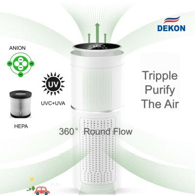China APHOEU CAR air purifier with UVC led lamp + photocatalyst filter, Anion, HEPA filter clean the air in car kill virus for sale