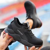 China Black Men'S Casual Steel Toe Work Shoes , Sports Safety Shoes With Knitted Fabric Upper for sale