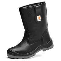 China Double Density PU Sole Safety Shoes Black High Top Genuine Leather Work Boots With Steel Toe for sale