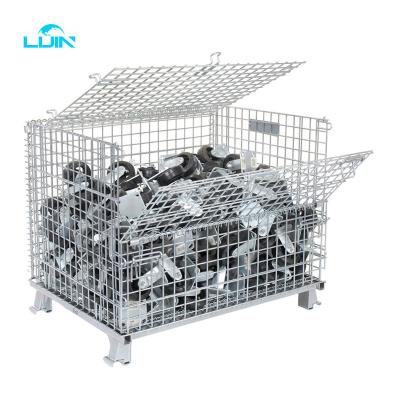 China Customized Galvanized Collapsible Folded Stackable Warehouse Metal Wire Mesh Heavy Duty Pallet Cage for sale