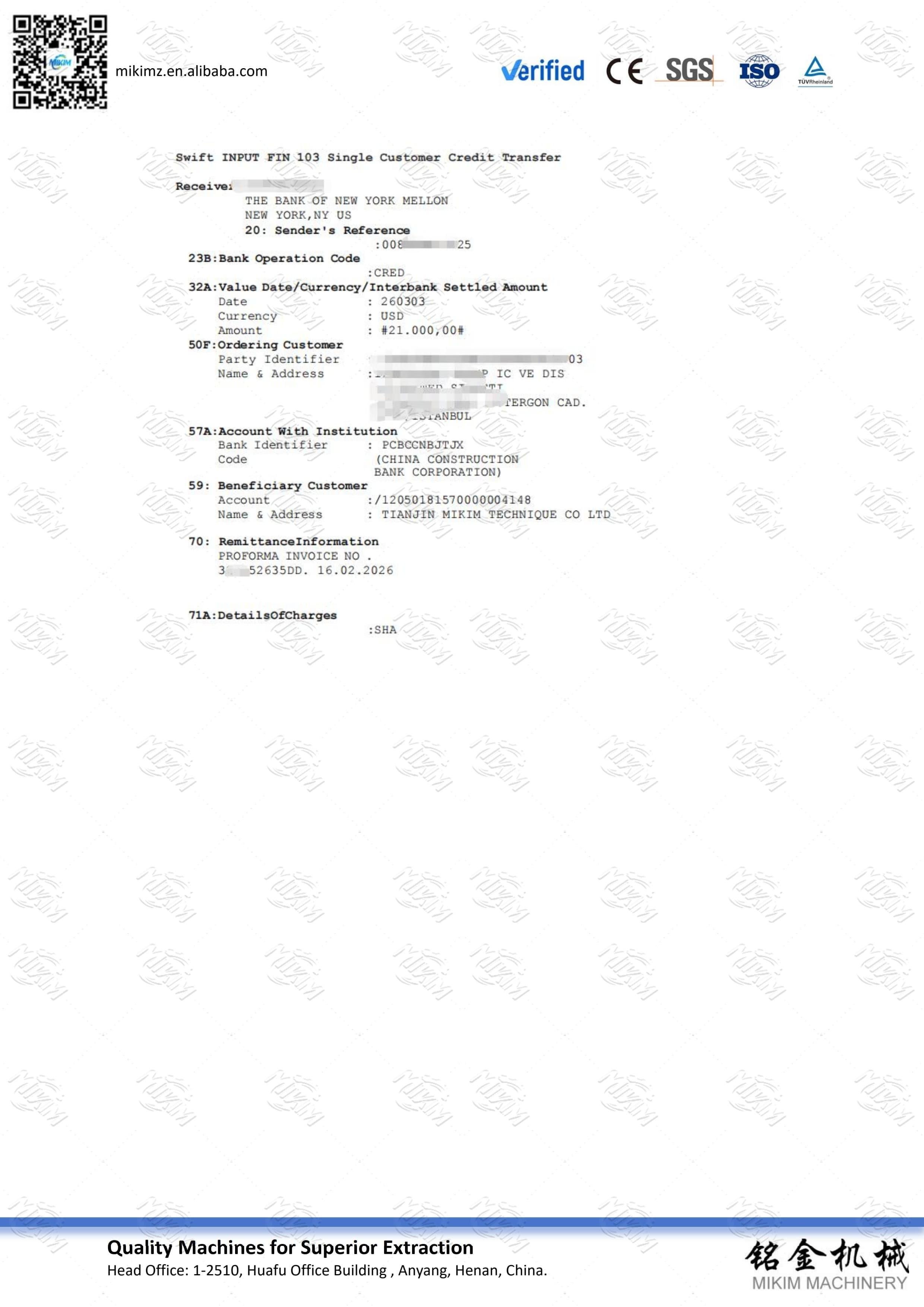 Bank transfer record showing payment confirmation for the fish feed extruder project.