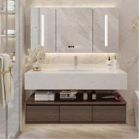 China Solid Wood Paint Free Wall Mounted Bathroom Vanities Walnut color for sale