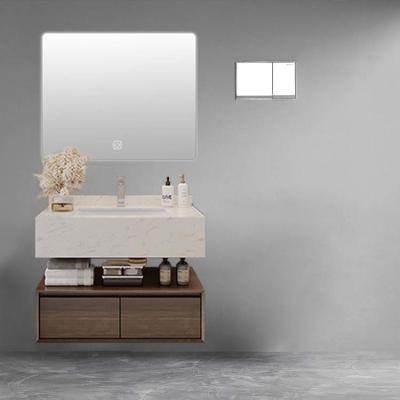China 80cm Wall Mount Bathroom Vanity with LED Mirror Solid Wood Walnut Marble Top for sale