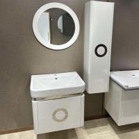 China Custom PVC Bathroom Cabinet with Ceramic Basin 60cm Circular Mirror Wall Hanging Vanity for sale
