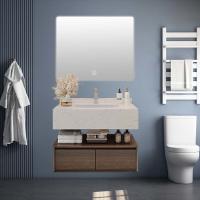 China Wall Mount Bathroom Vanity 80x50x25cm with Round Mirror Ceramic Solid Wood Cabinet for sale