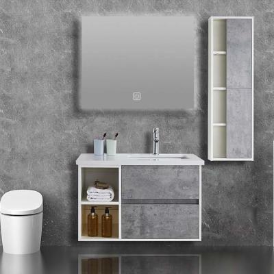 China Wall Mounted Bathroom Vanity with Ceramic Basin 80cm 16mm Plywood Cabinet LED Mirror for sale