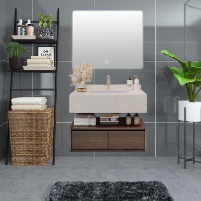 China Wall Mount Bathroom Vanity with Marble Countertop Ceramic Basin 80cm Black Walnut Cabinet for sale
