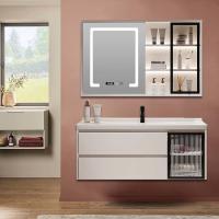 China Modern Solid Wood Bathroom Wall Vanity Cabinet 80cm with Ceramic Basin and LED Mirror for sale