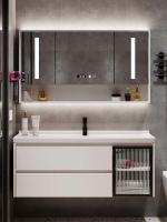 China Modern Solid Wood Bathroom Wall Vanity Cabinet 80cm with Ceramic Basin and LED Mirror for sale