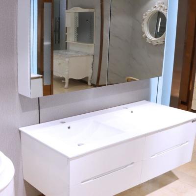 China PVC Bathroom Vanity Set 118x46x47cm with LED Mirror Cabinet and Ceramic Basins Wall Mounted for sale