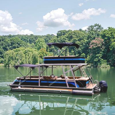 China 25FT Double Layer Pontoon Boat – Luxury Aluminum Sport Pontoon With Black & Blue Panels Twin Deck Design For Leisure Fishing & Water Sports for sale