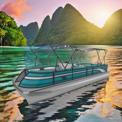 China 27FT Sport Pontoon Boat with 8.2m Length Four Side Sofa and Blue Interior for Family Leisure for sale