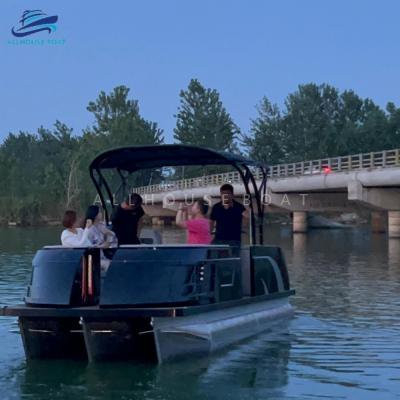 China Fiberglass Pontoon Boat with LED Navigation Lights Aluminum Hull and Single Layer Deck for sale