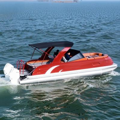 China 150HP Fiberglass Pontoon Boat with LED Navigation Lights and Bimini Top for Long Lasting Performance for sale